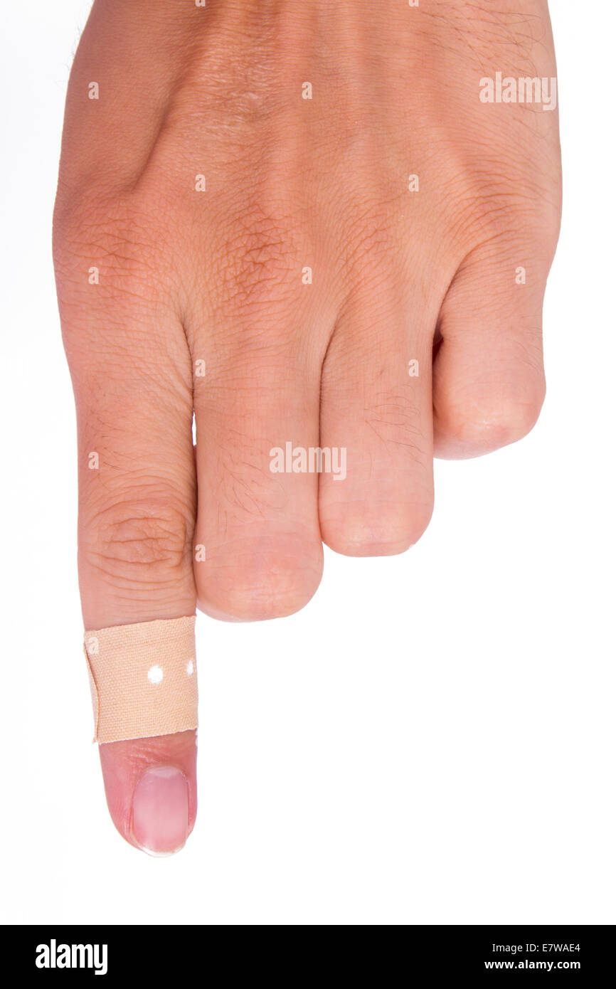 Adhesive bandage, plaster on index finger, isolated on white background ...