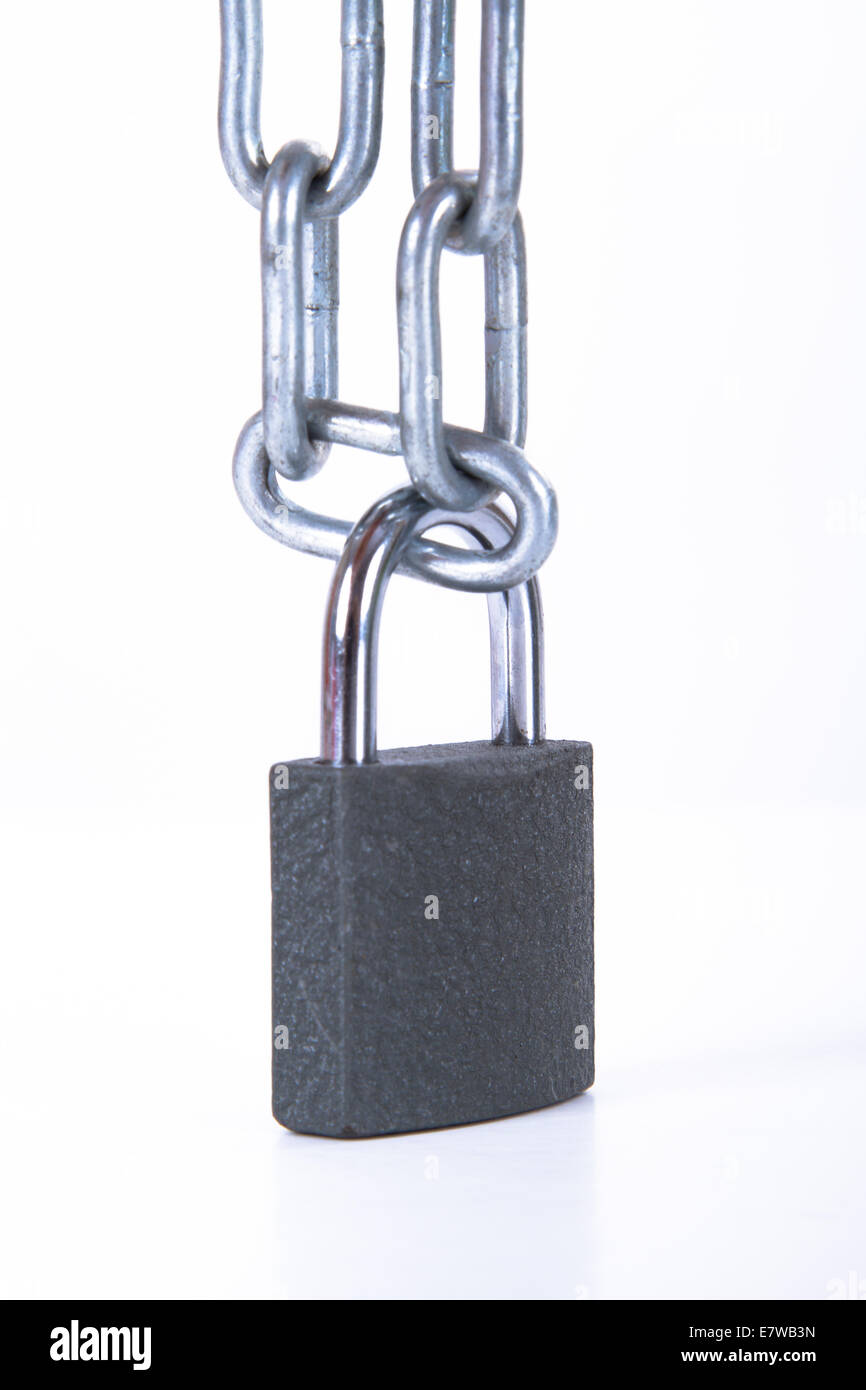 Metal chain with security lock, isolated on white background Stock ...