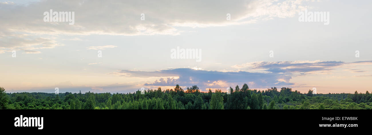 Sunset over field and forest Stock Photo - Alamy