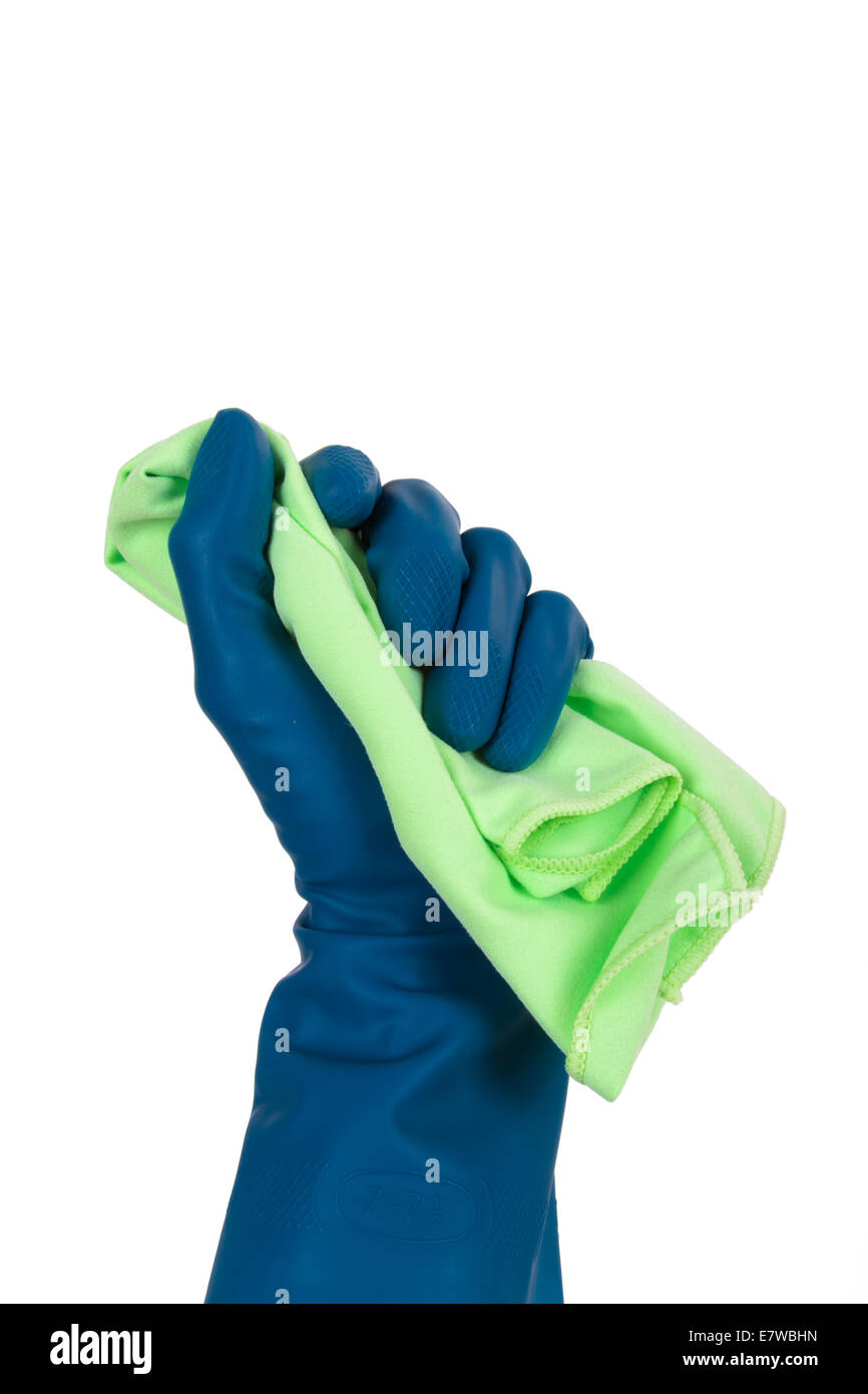 Hand in cleaning glove holding rag, isolated on white background Stock ...