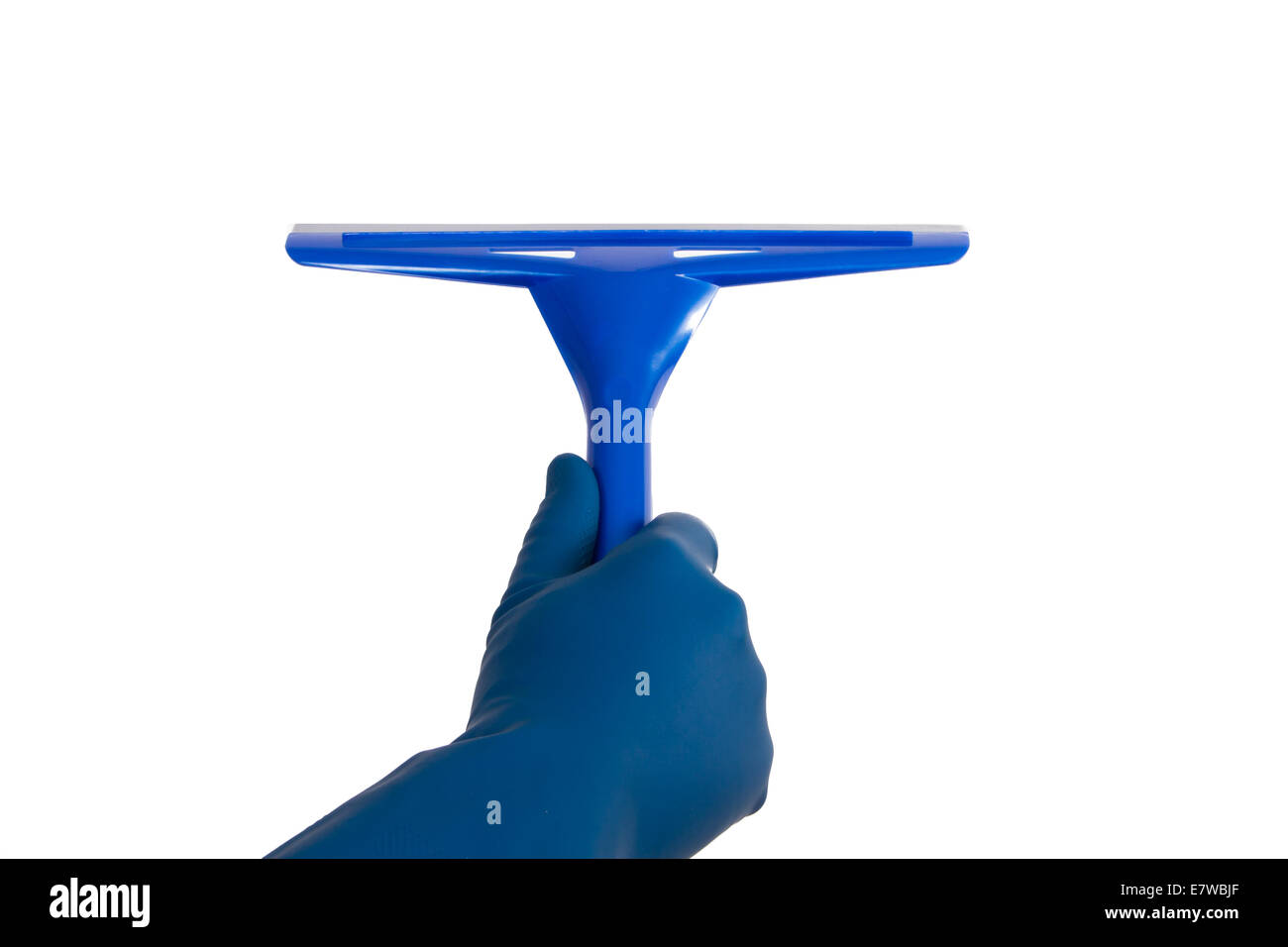 Hand in glove holding blue wiper, back view, isolated on white ...