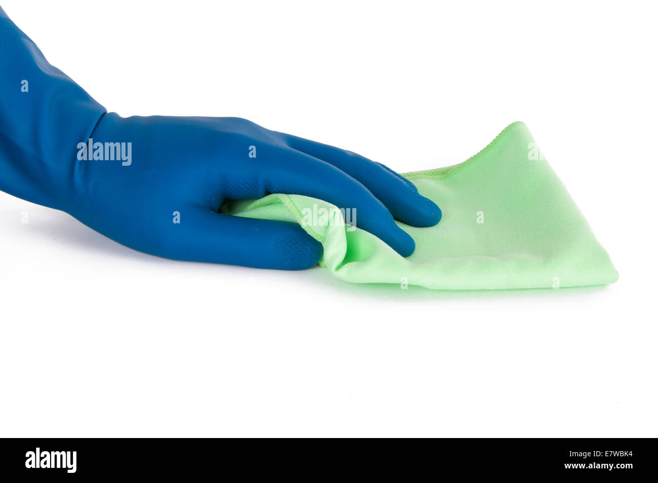 Hand in glove holding green rag, isolated on white background Stock ...