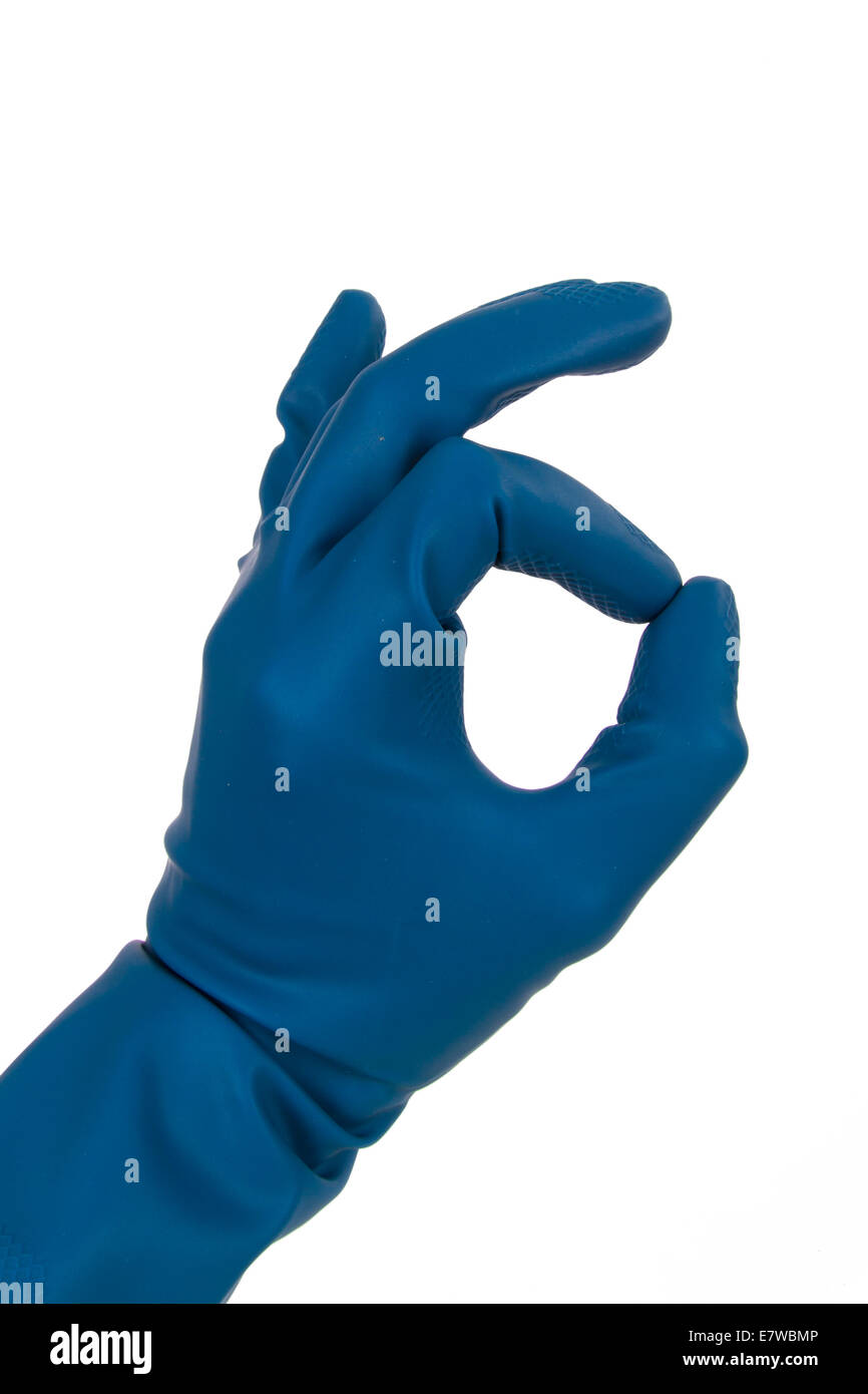 Positive concept, hand in cleaning glove gestures okay sign, isolated ...