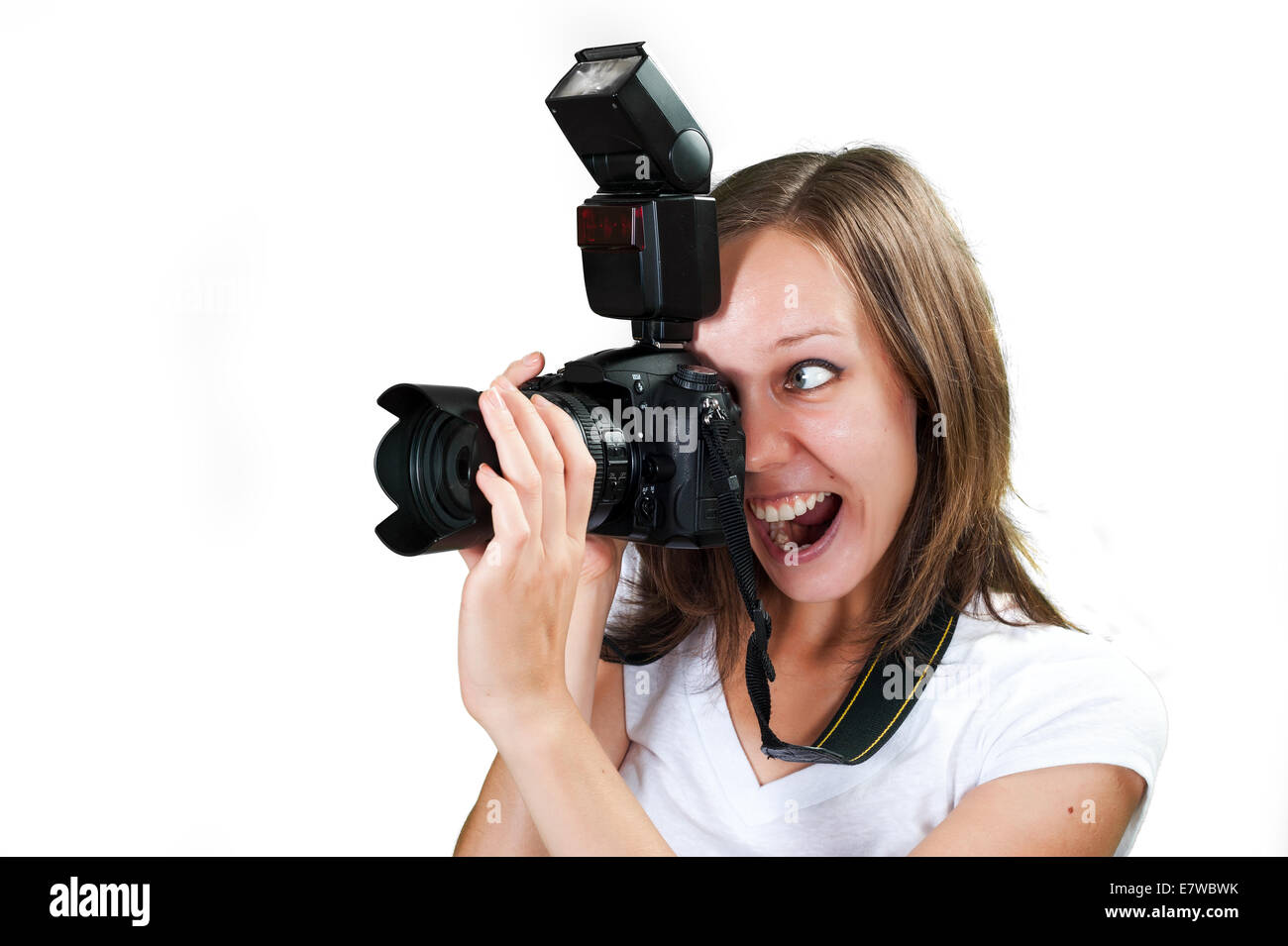 Girl with digital camera isolated on white background Stock Photo - Alamy