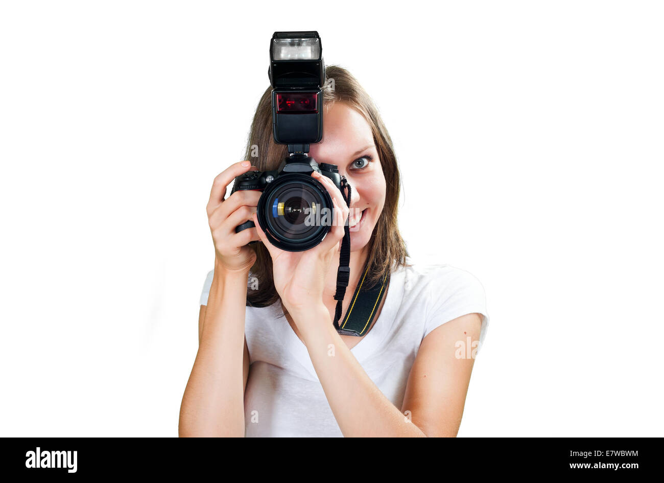 Girl with digital camera isolated on white background Stock Photo - Alamy