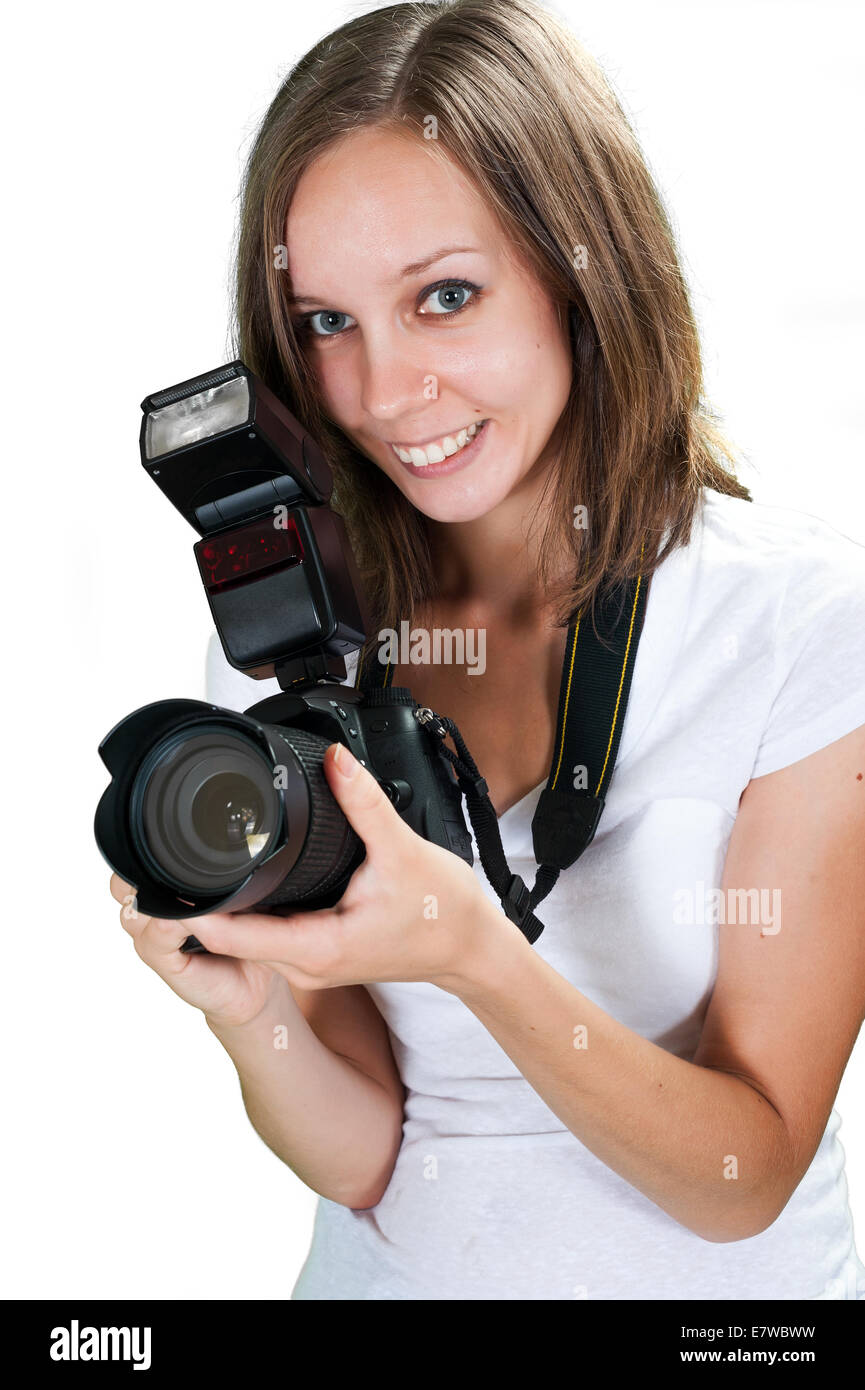 Girl with digital camera isolated on white background Stock Photo - Alamy
