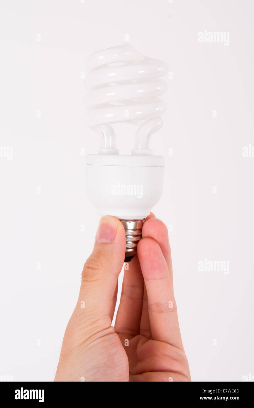 Affordable light bulb holding by male human hand on white Stock Photo ...