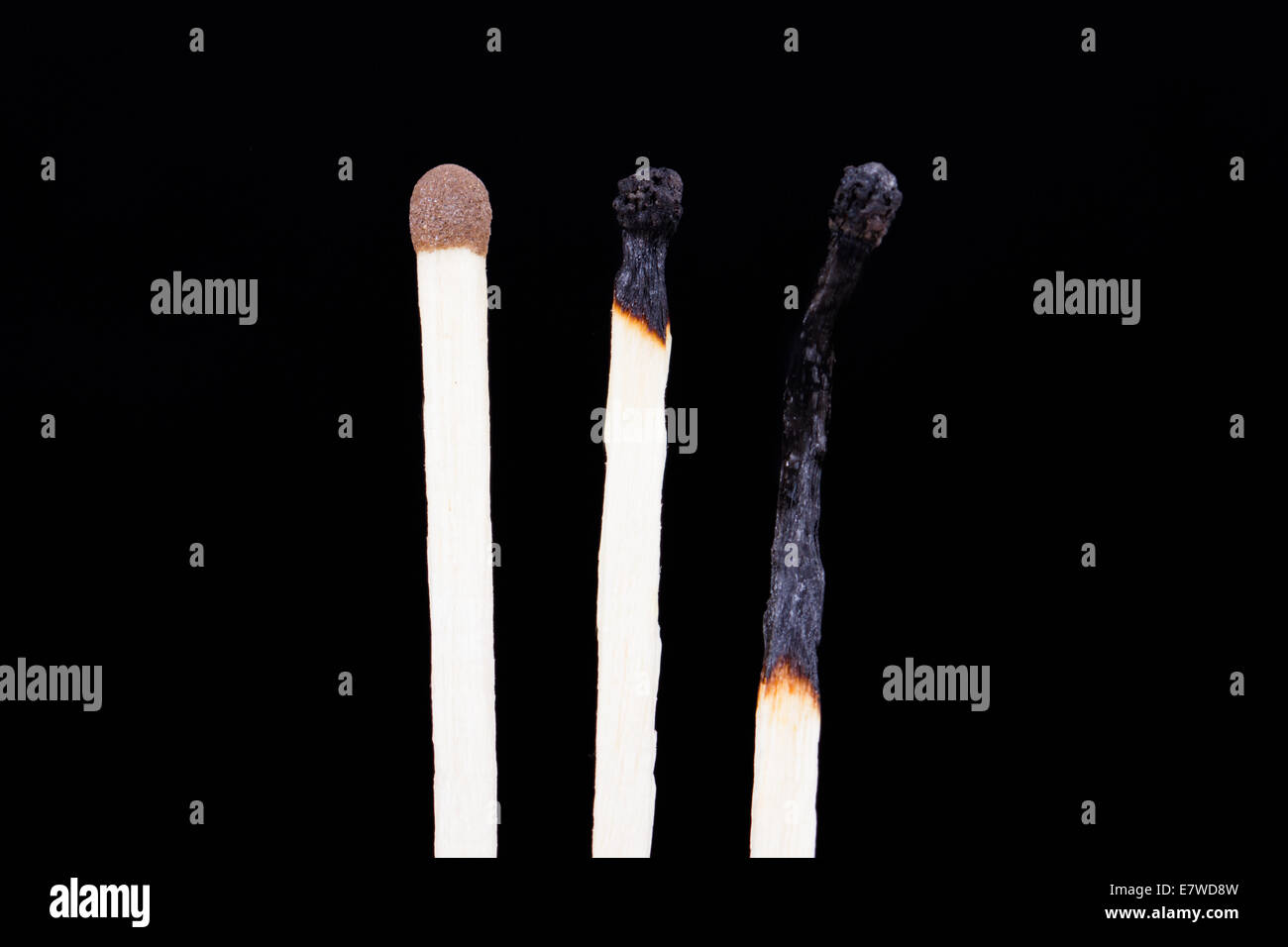One healthy and two burnt matches in row, isolated on dark background ...