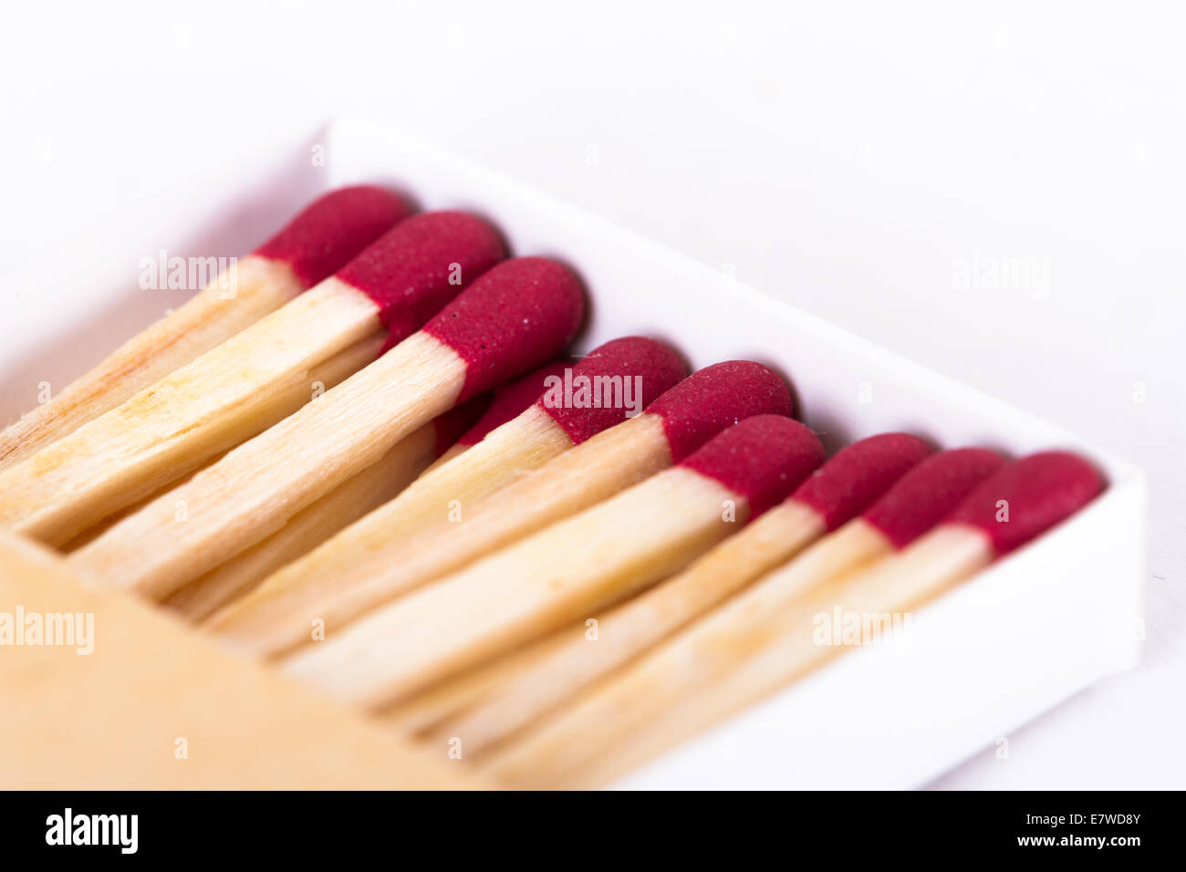 Macro view of open matchbox, red headed matches inside, isolated on ...
