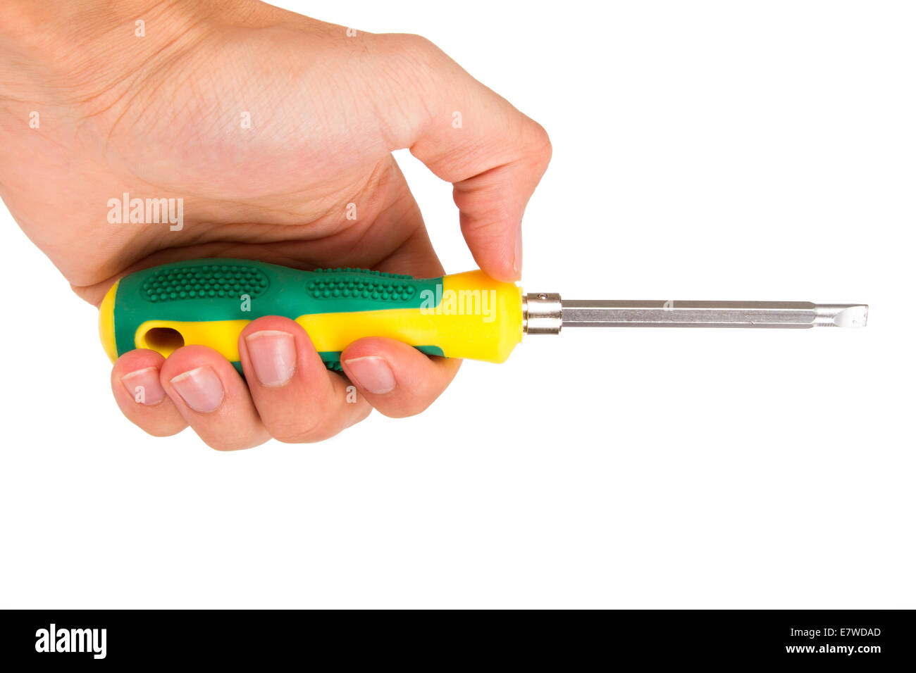 Hand holding yellow screwdriver, isolated on white background Stock ...