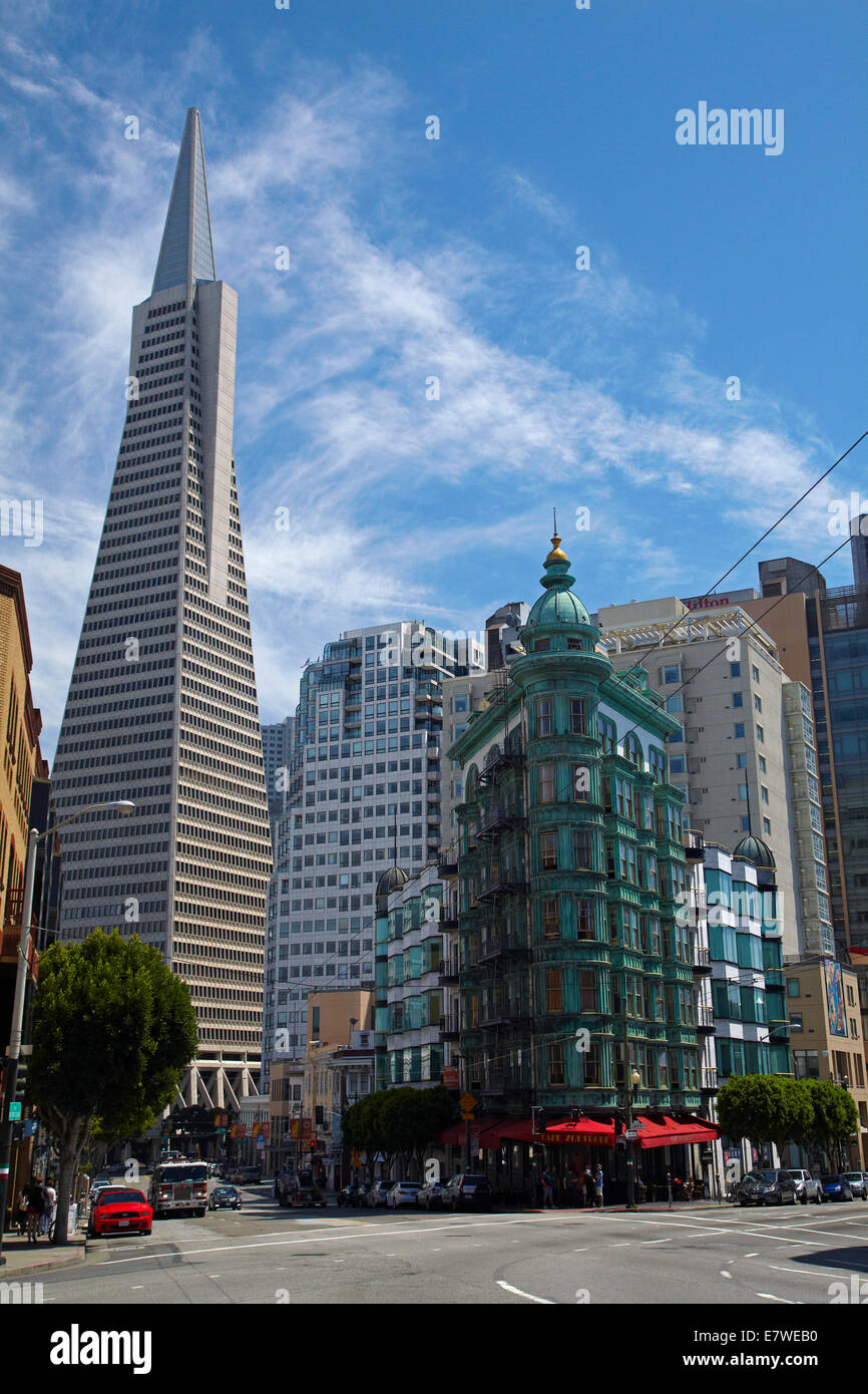 Transamerica Pyramid skyscraper and copper green Columbus Tower (aka ...