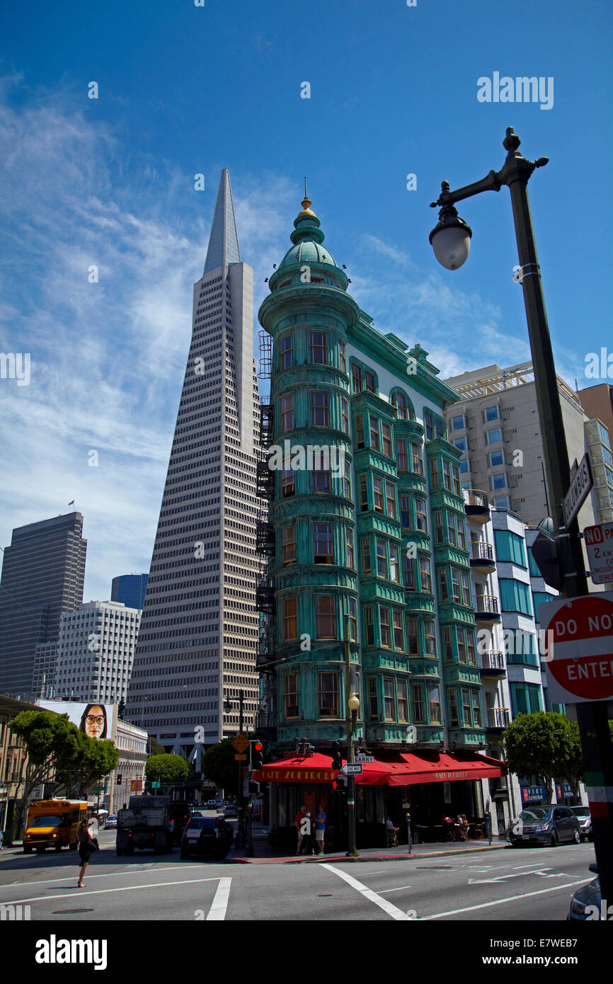 Transamerica Pyramid skyscraper and copper green Columbus Tower (aka ...