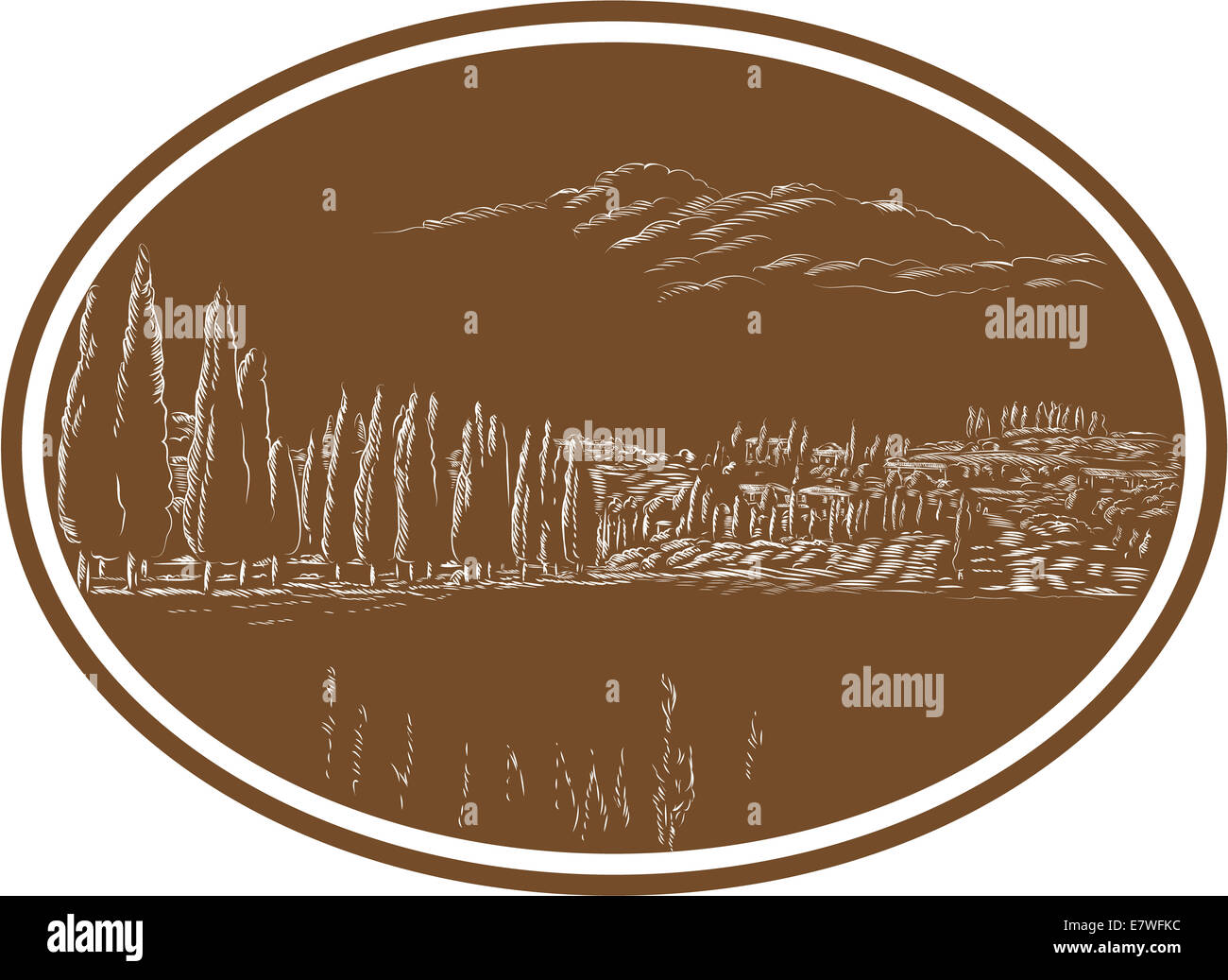Illustration of Tuscan landscape in Tuscany, Italy showing tree and ...