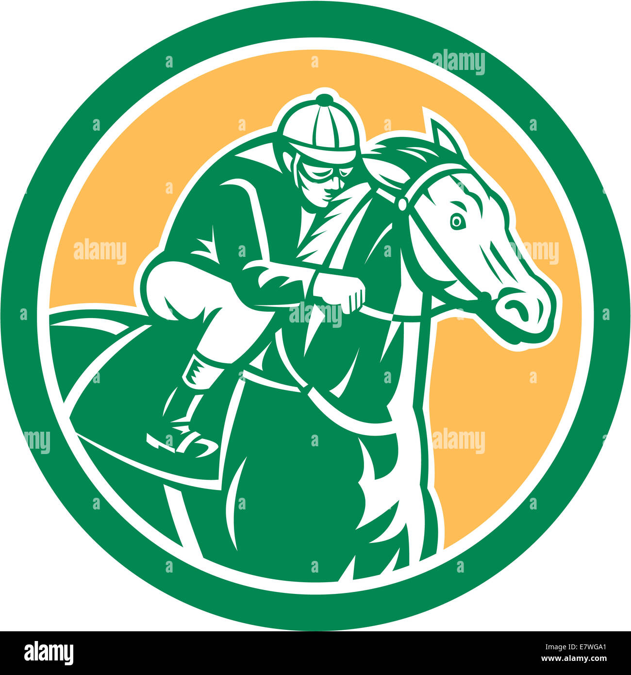 Illustration of horse and jockey racing set inside circle shape on ...