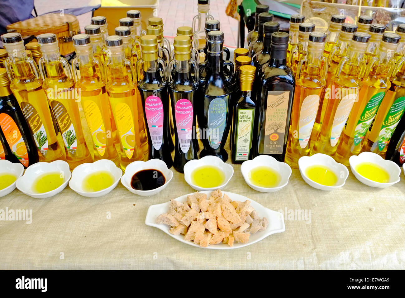 Variety of Olive Oil bottles for samples with bread Stock Photo - Alamy