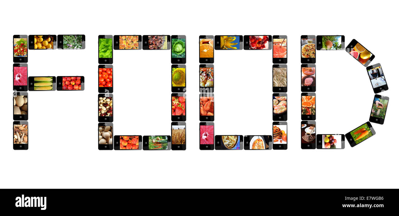 the word Food made from modern mobile phones with different images ...