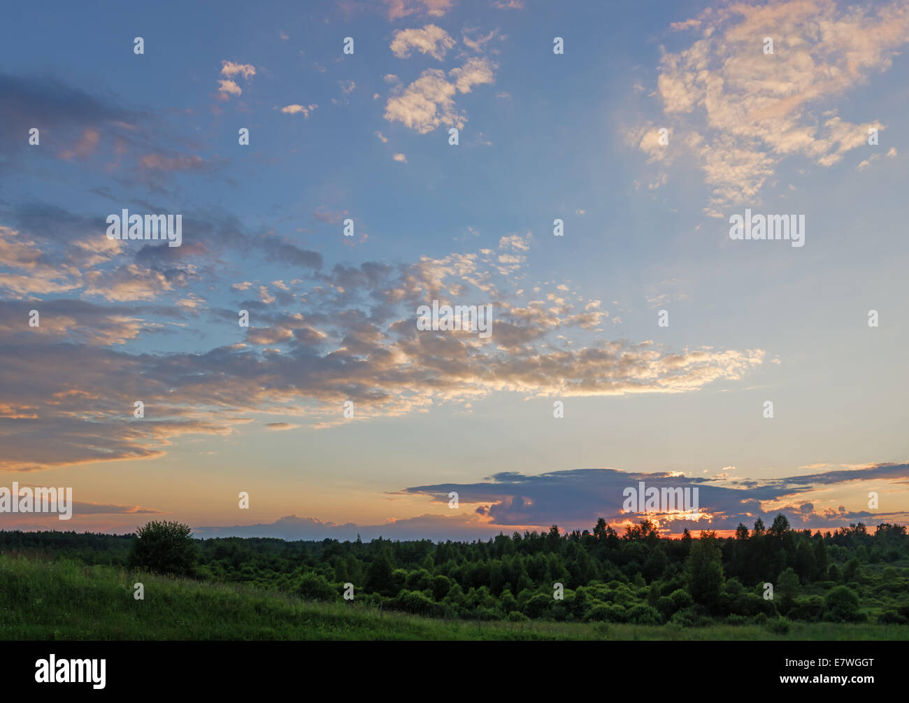Sunset over field and forest Stock Photo - Alamy