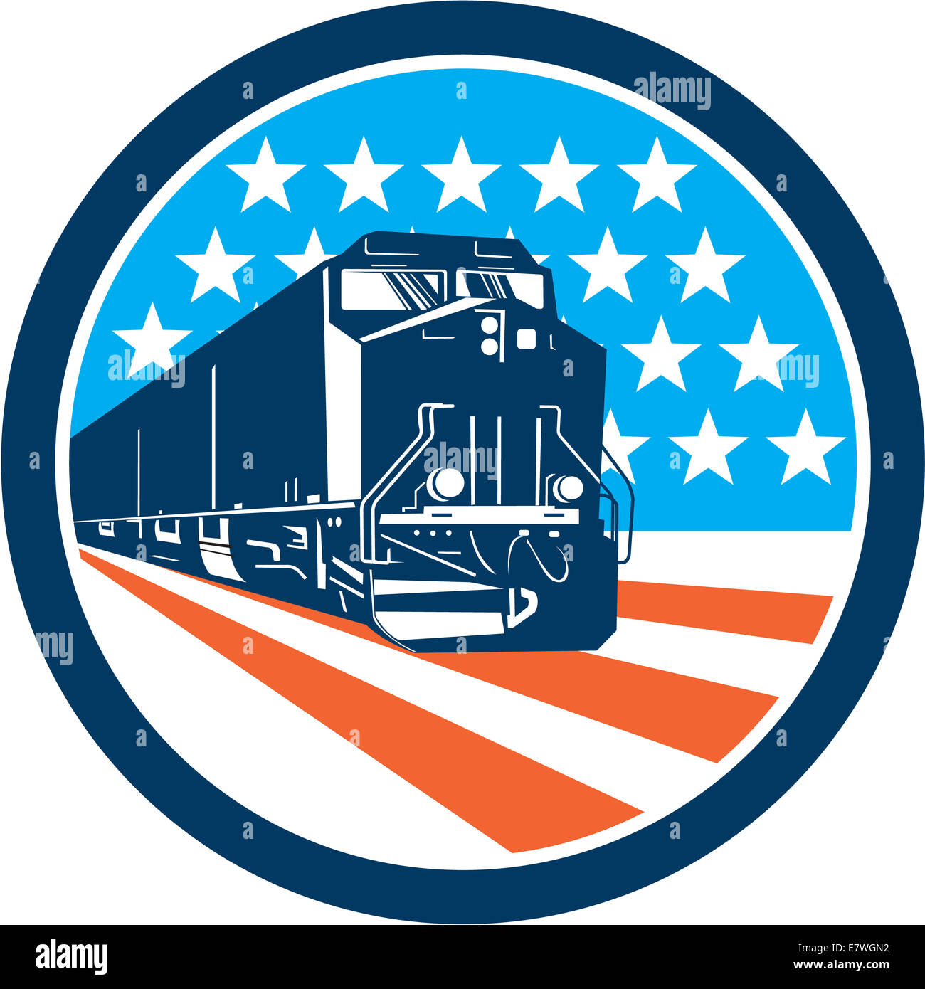 Illustration of a diesel train viewed from front set inside circle with ...