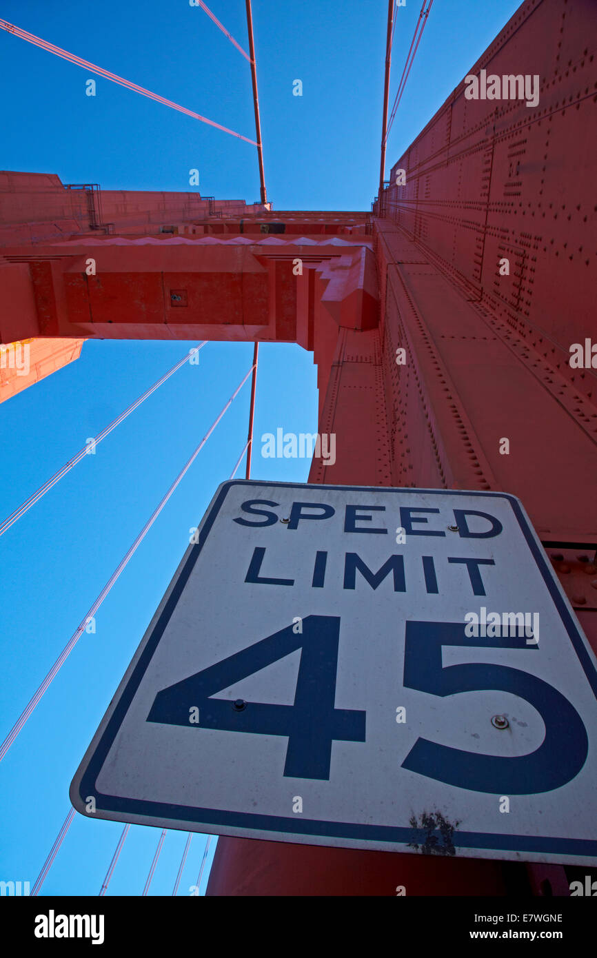 Speed sign on tower of Golden Gate Bridge, San Francisco Bay, San ...