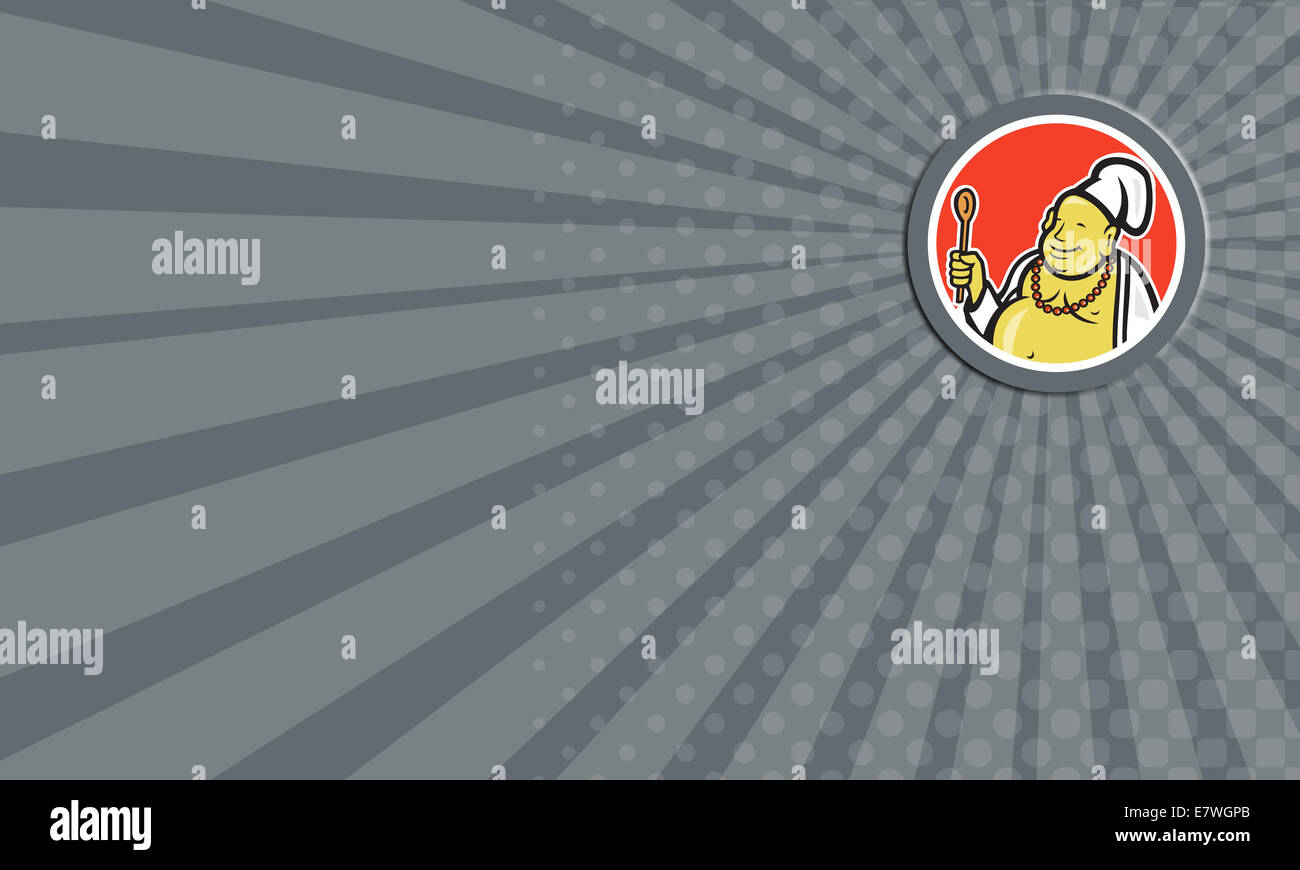 Business card showing illustration of a happy fat Buddha chef cook ...