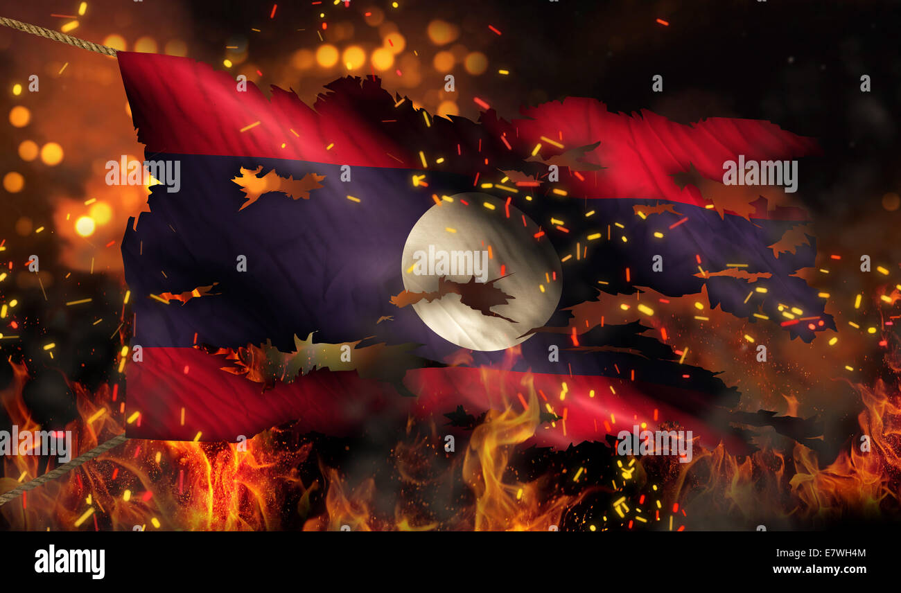 Laos Burning Fire Flag War Conflict Night 3D Stock Photo - Alamy