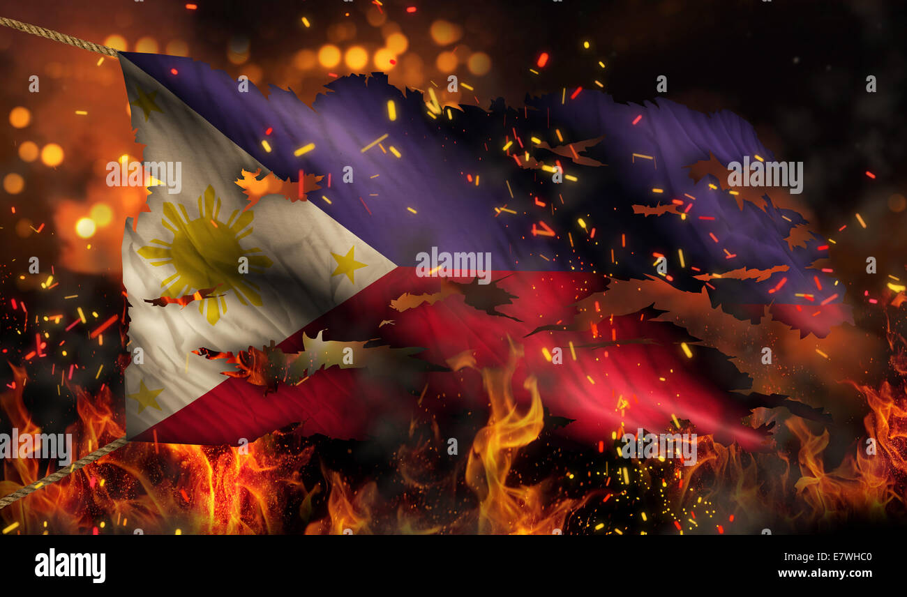 Philippines Burning Fire Flag War Conflict Night 3D Stock Photo - Alamy