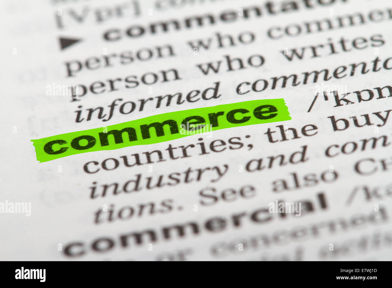 Commerce word highlighted with green marker on dictionary page Stock ...