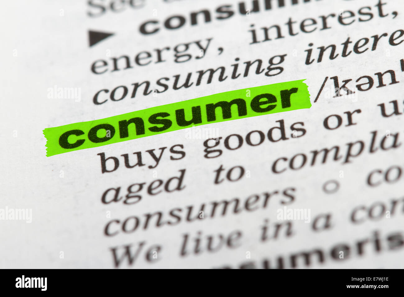 Consumer word highlighted with green marker on dictionary page Stock ...