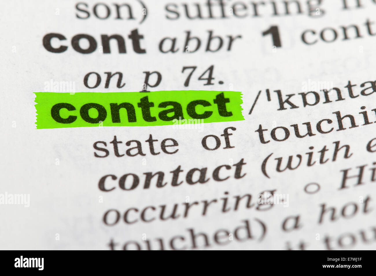 Contact word highlighted with green marker on dictionary page Stock ...
