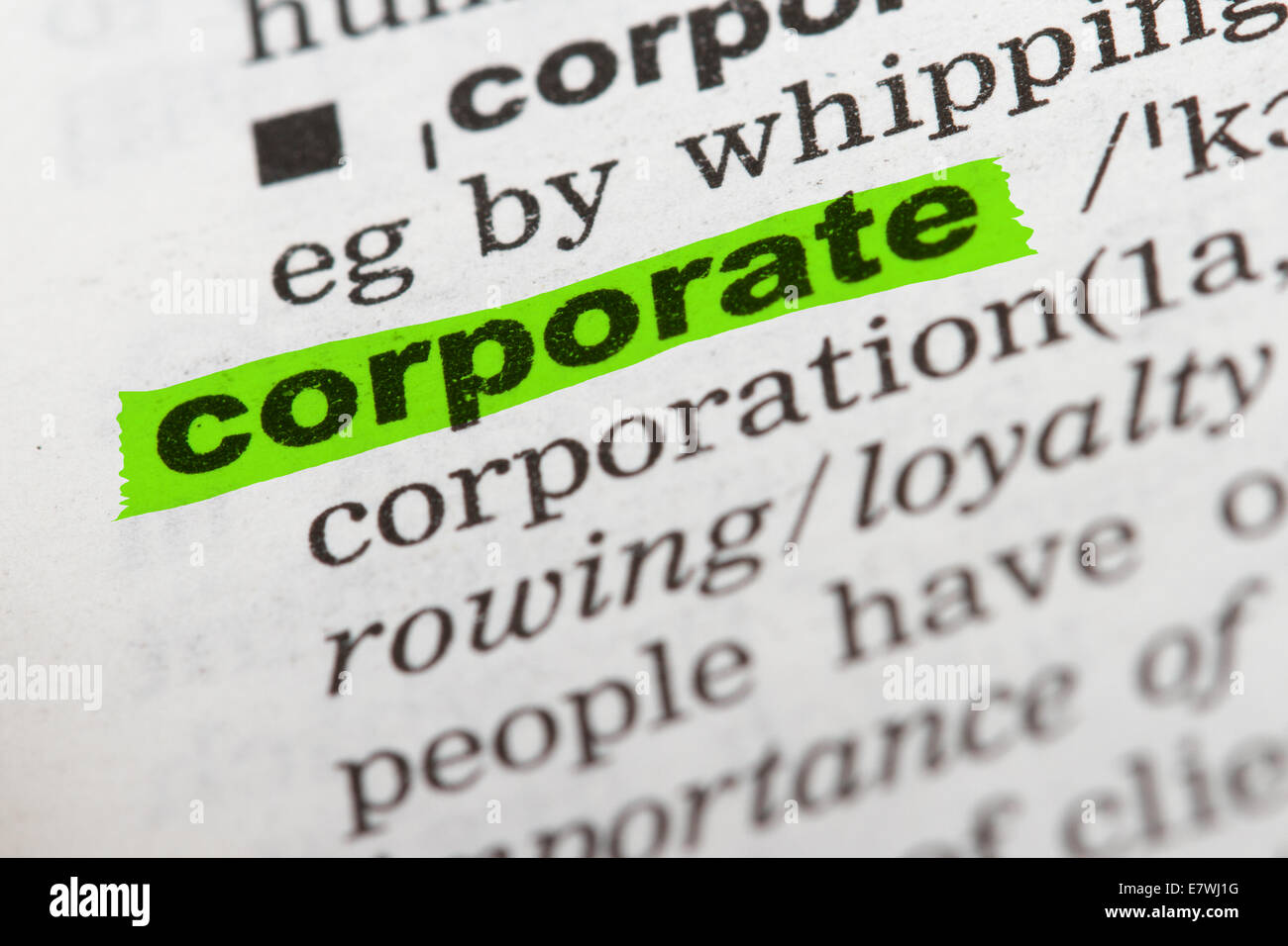 Corporate word highlighted with green marker on dictionary page Stock ...