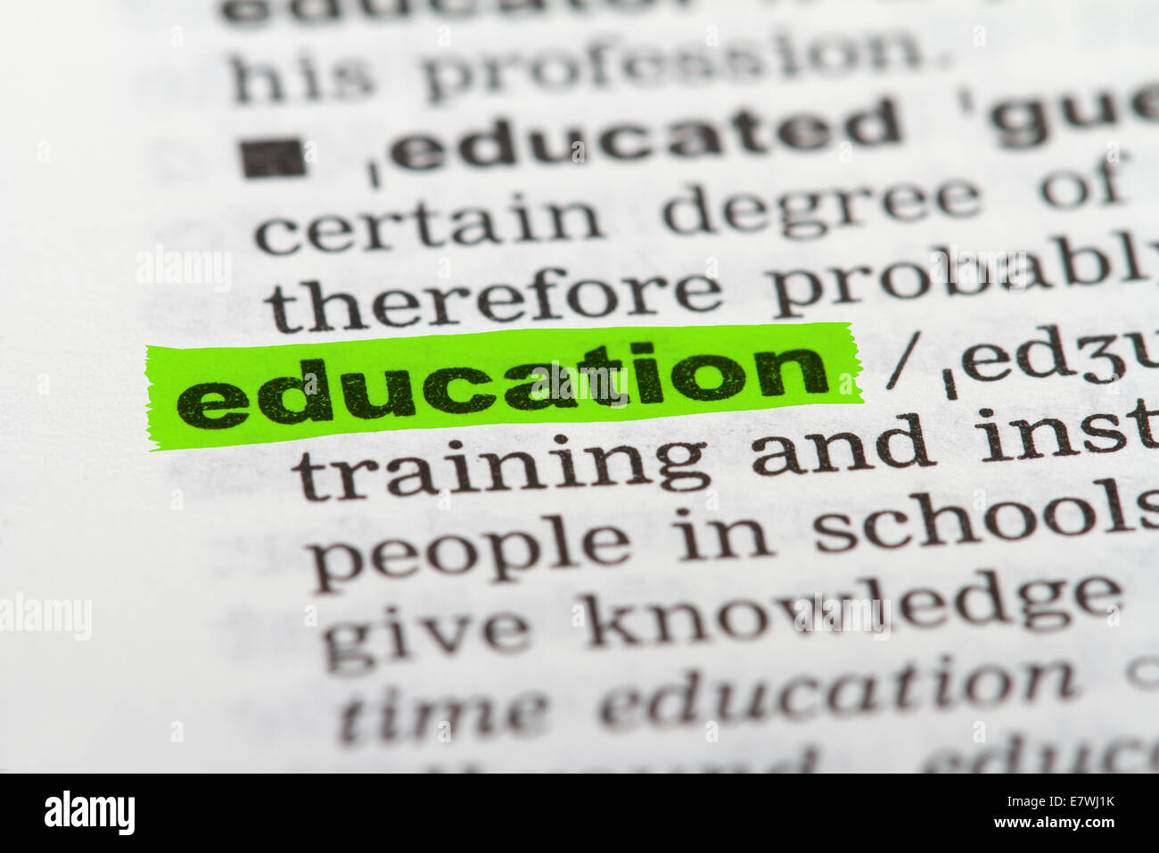 Education word highlighted with green marker on dictionary page Stock ...
