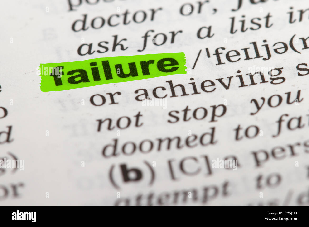 Failure word highlighted with green marker on dictionary page Stock ...
