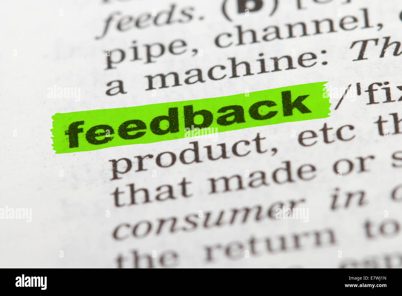 Feedback word highlighted with green marker on dictionary page Stock ...