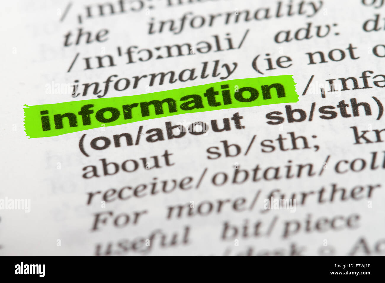 Information word highlighted with green marker on dictionary page Stock ...