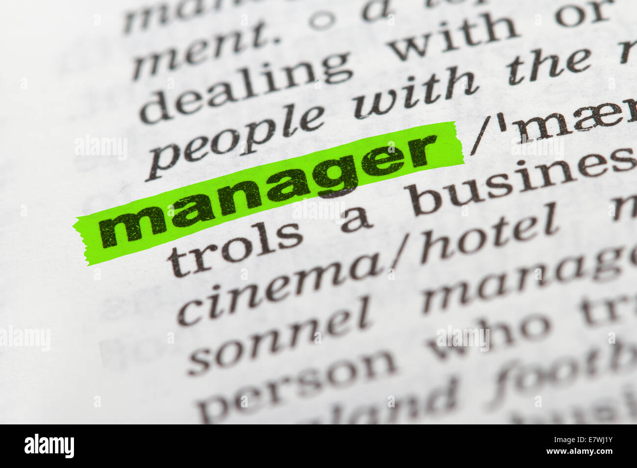 Manager word highlighted with green marker on dictionary page Stock ...
