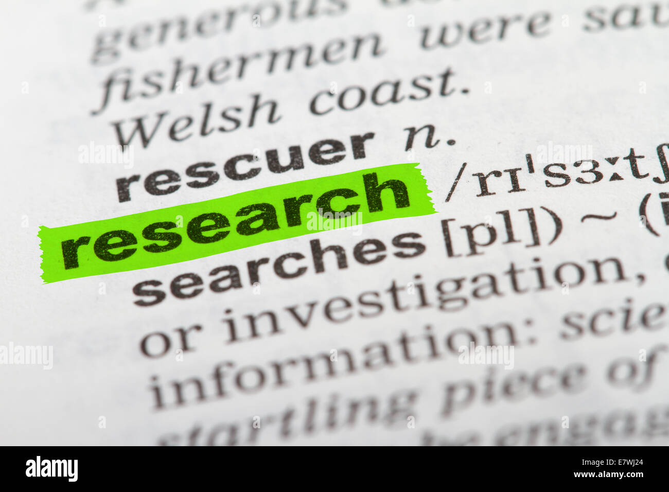 Research word highlighted with green marker on dictionary page Stock ...