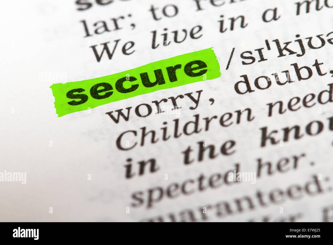 Secure word highlighted with green marker on dictionary page Stock ...