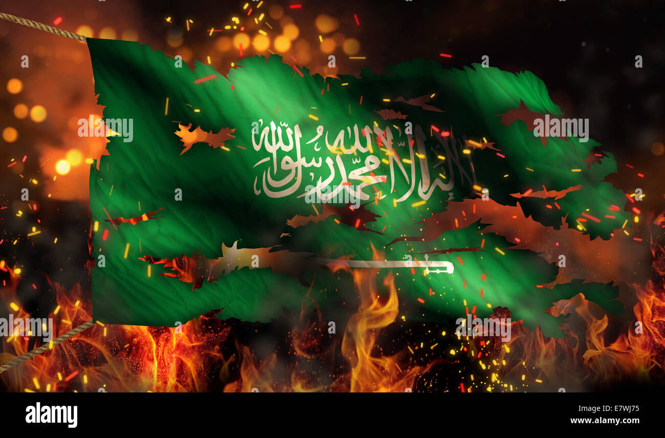 Saudi Arabia Burning Fire Flag War Conflict Night 3D Stock Photo - Alamy