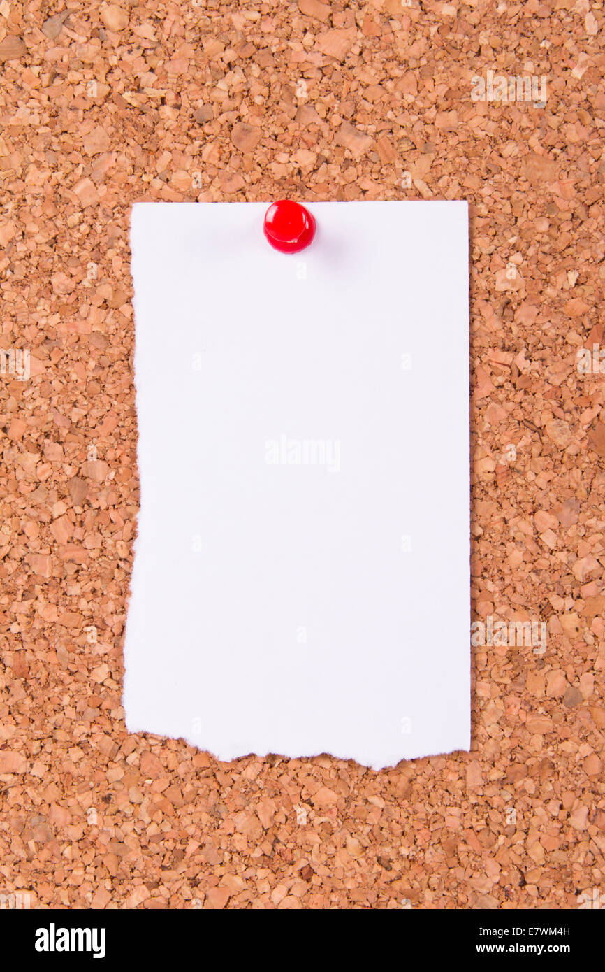 White, blank torn paper with green push pins on cork bulletin board ...