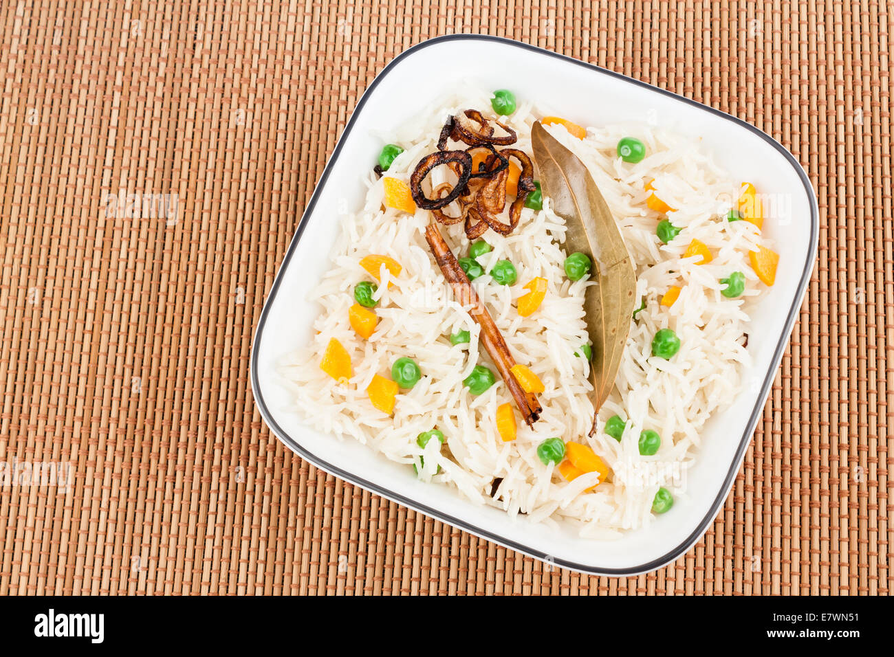 Closeup view from the top of delicious vegetable pulao garnished with ...