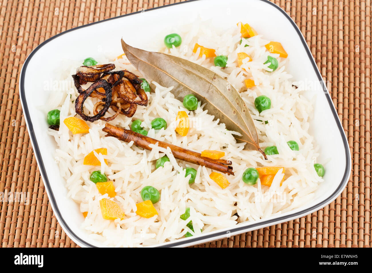 Closeup view from the top of delicious vegetable pulao garnished with ...