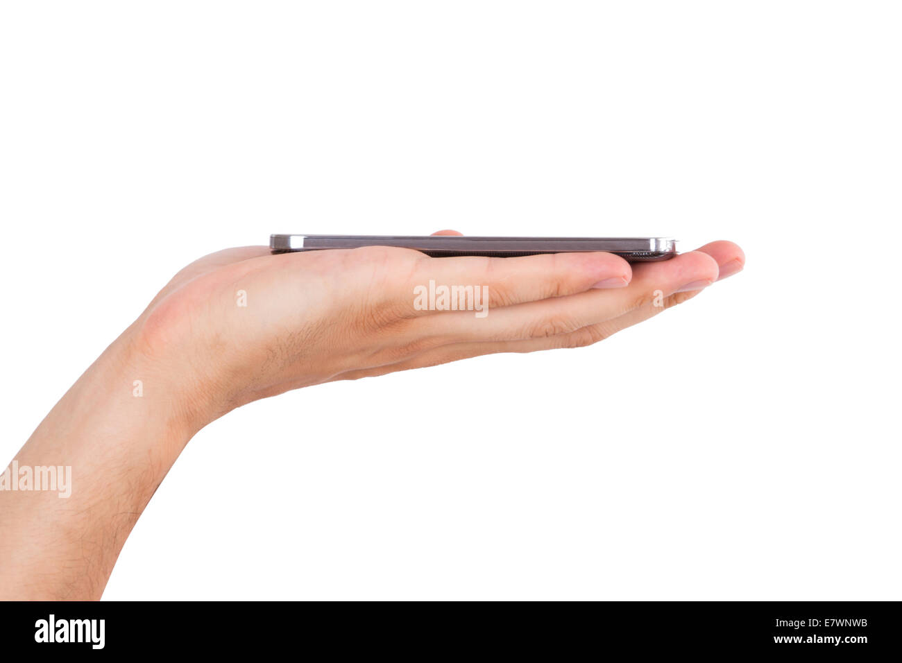 Hand holding and showing smart phone with blank screen, side view ...