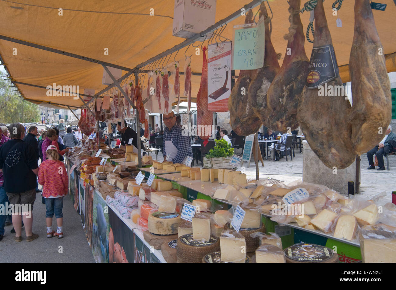 Market stall selling sausages and cheeses, market of Sineu, Majorca ...