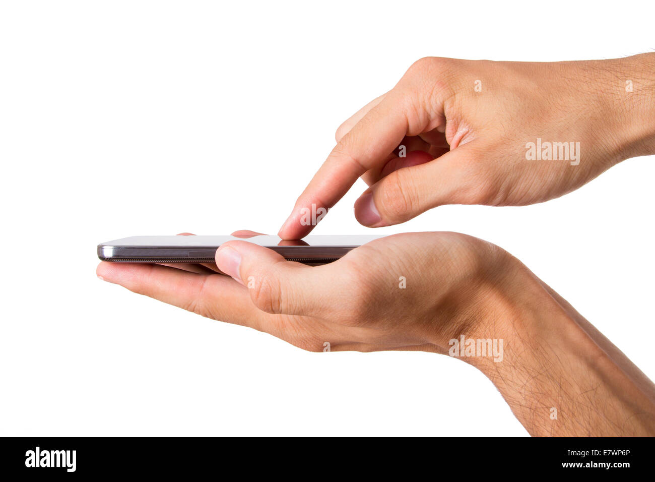 Hand holding and touching smart phone with blank screen, side view ...