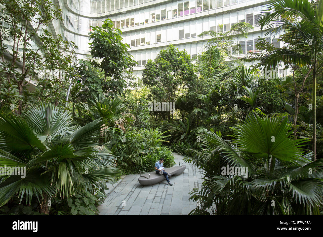 A worker takes a break in the courtyard of the Lucasfilm Sandcrawler ...