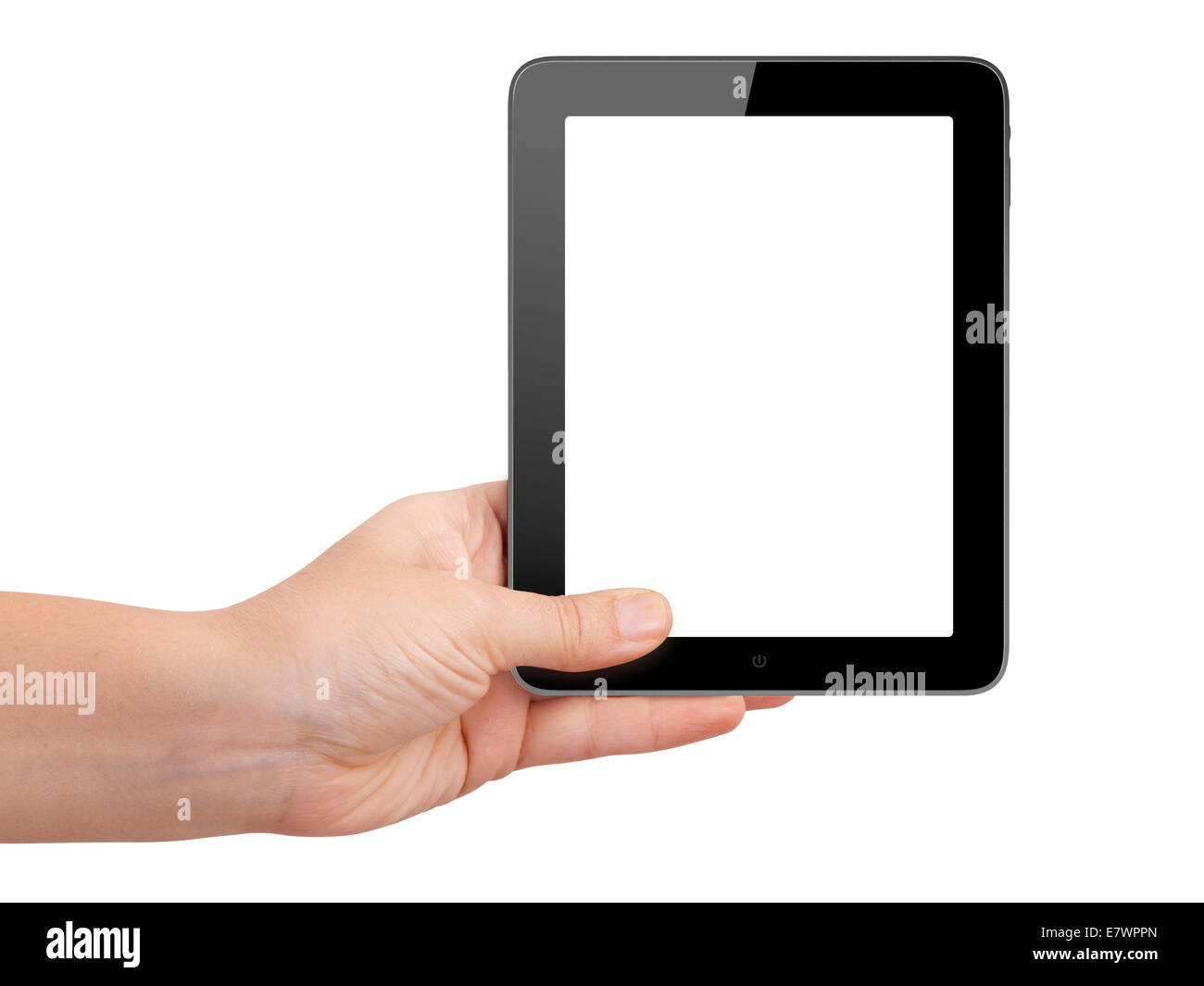 Realistic vertical digital tablet device with blank white touch screen ...