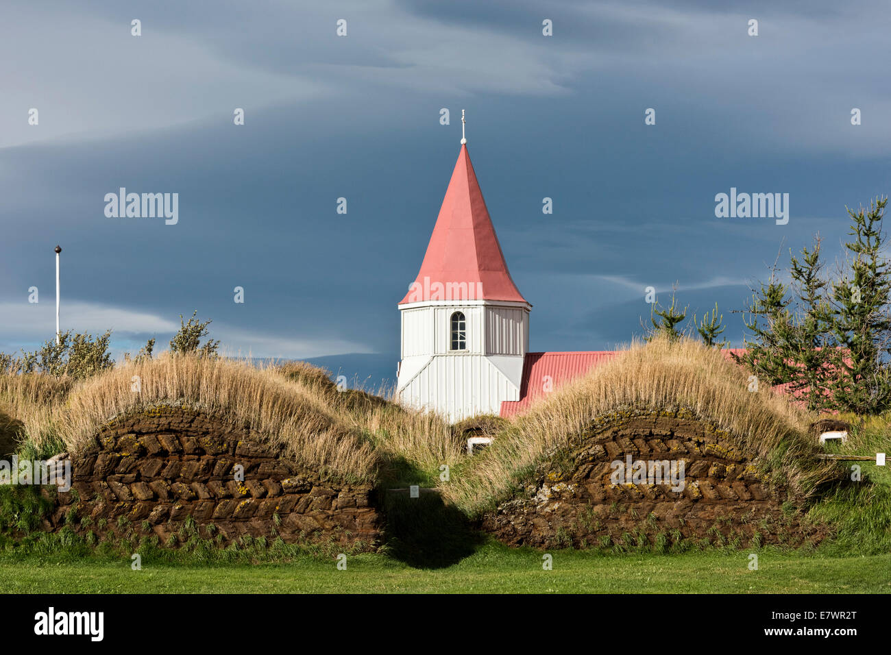 Church and sod houses, turf buildings, Glaumbaer or Glaumbær Museum ...