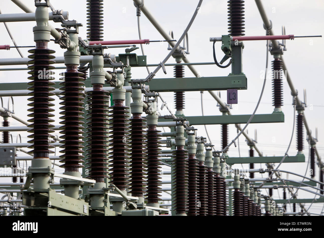 Insulators of the switchyard of a substation, Neuenhagen, Brandenburg ...
