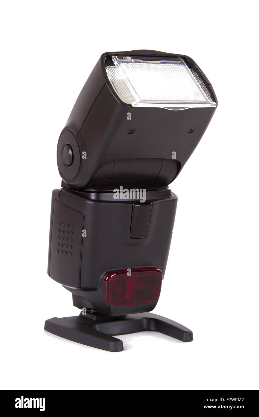 Electronic external flashlight, front view, isolated on white ...