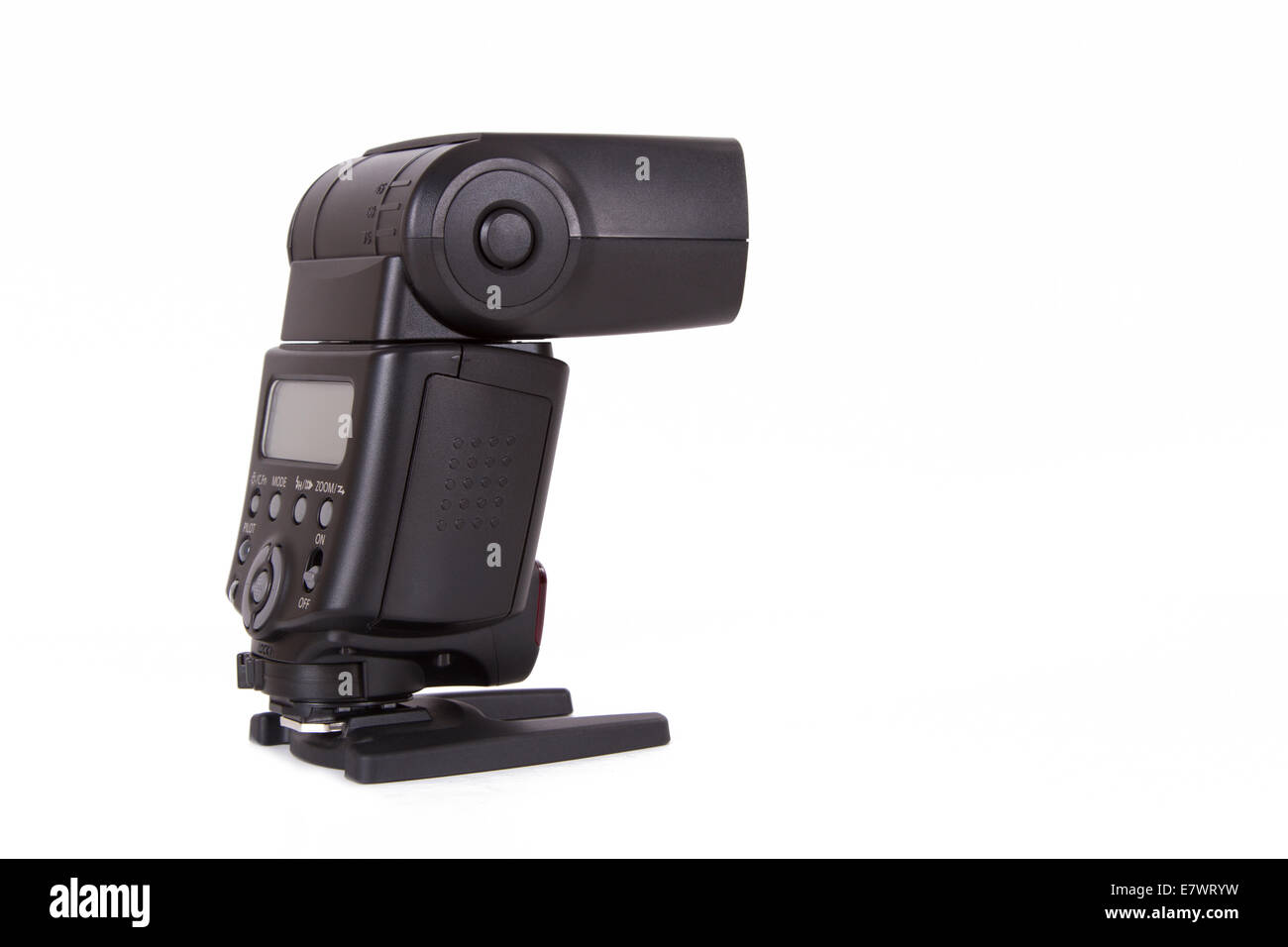 Electronic external speedlight, back view, isolated on white background ...